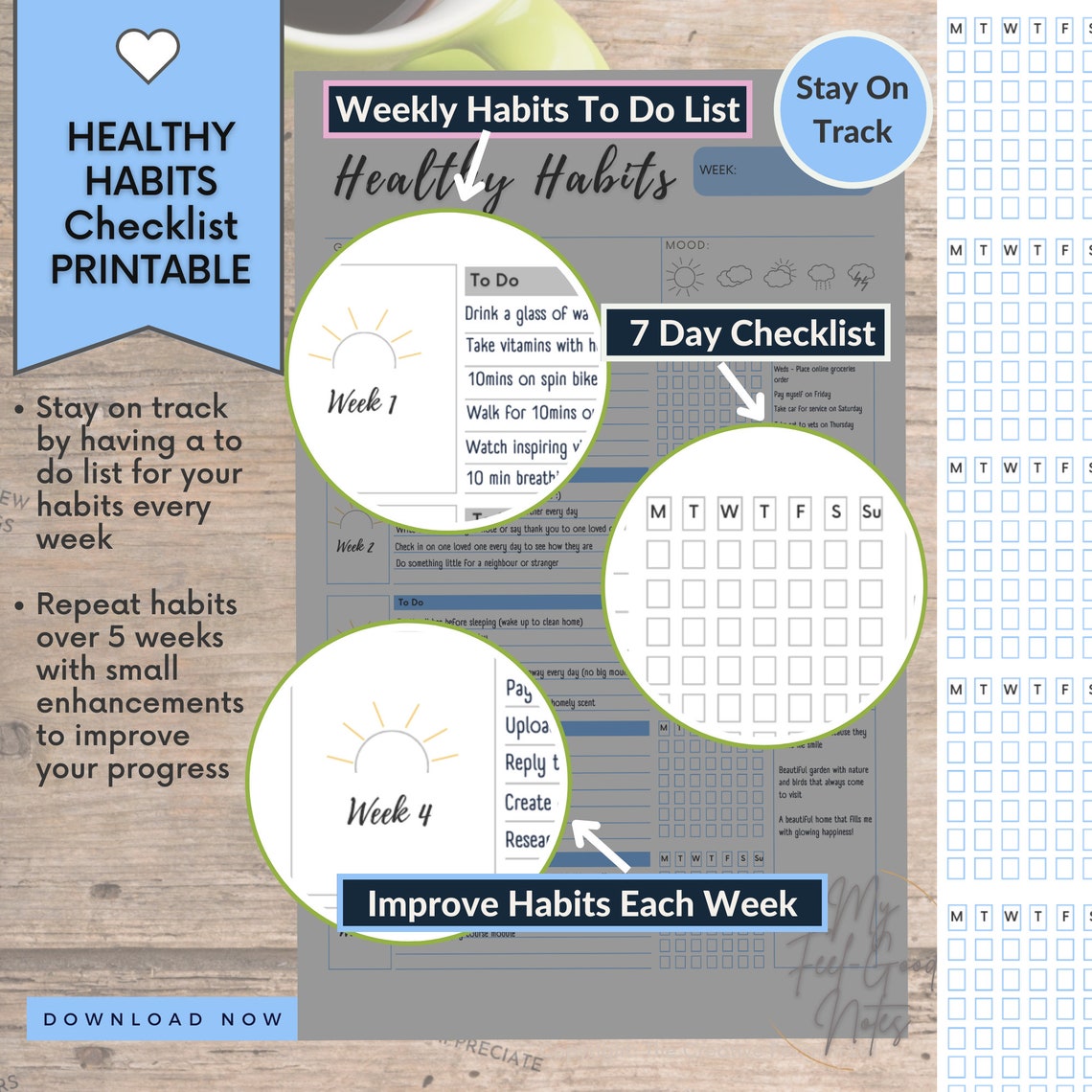 Healthy Habits Tracker Printable Daily Checklist Blue Sky Planner ...