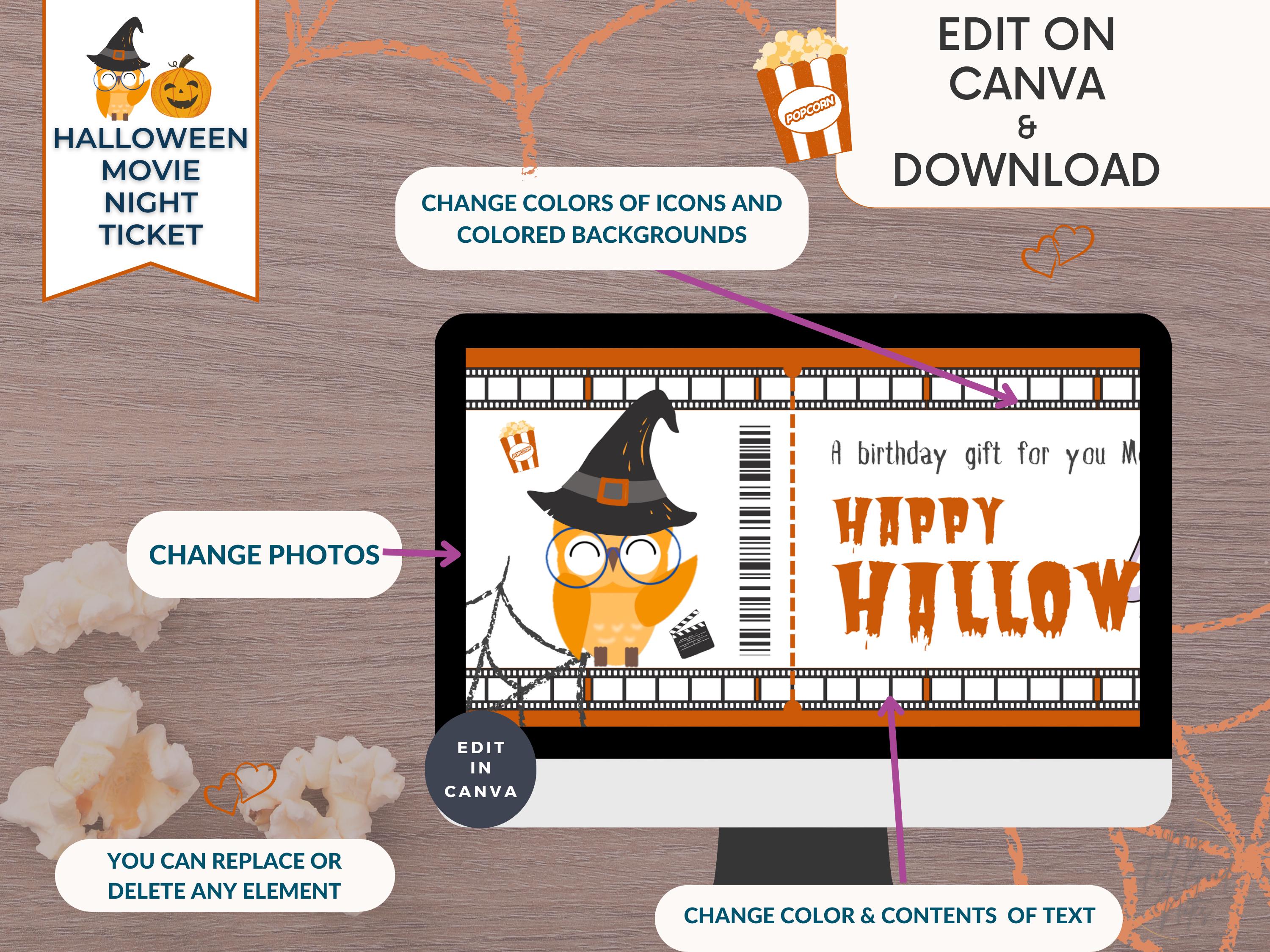 Halloween Movie Night Ticket, Printable Invitation, Editable Template ...