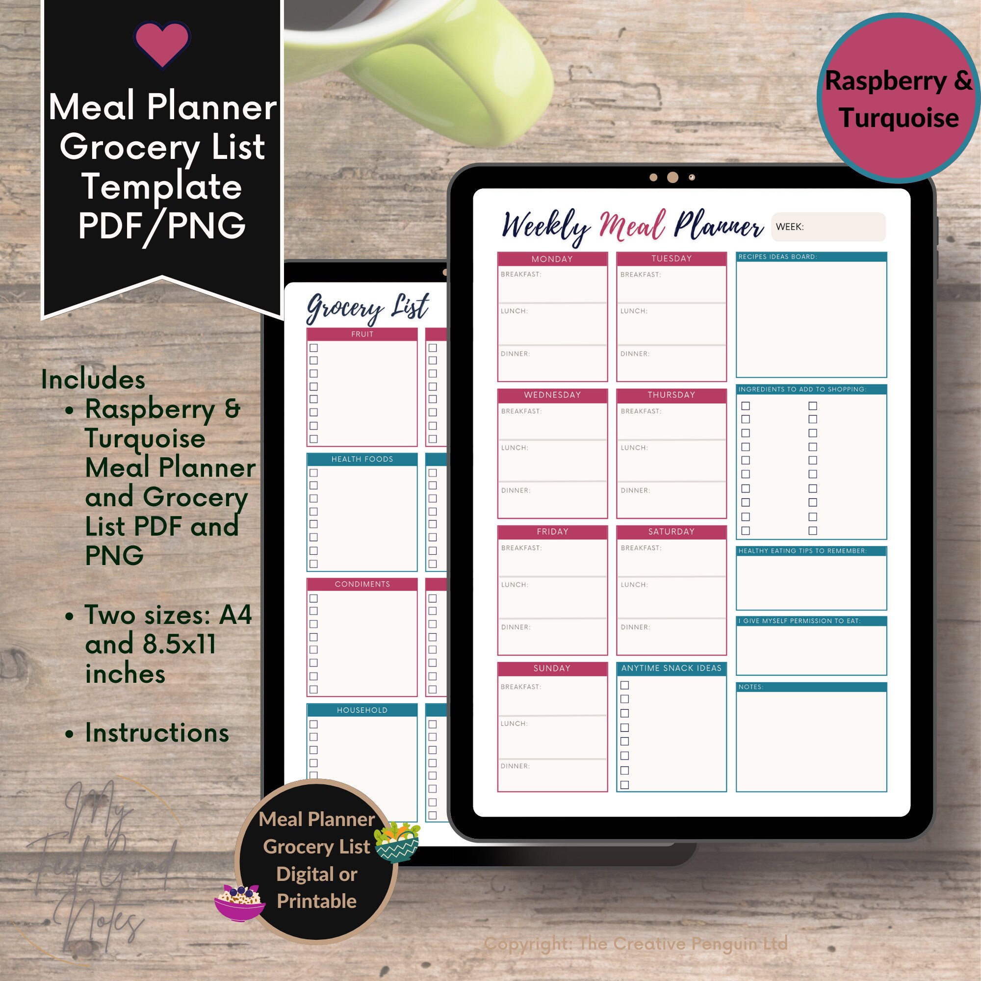 Meal Planner Grocery List Goodnotes Meal Prep Template Printable Pink ...