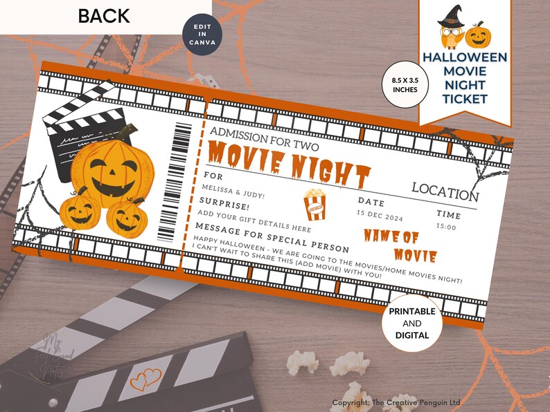 Halloween Movie Night Ticket, Printable Invitation, Editable Template ...
