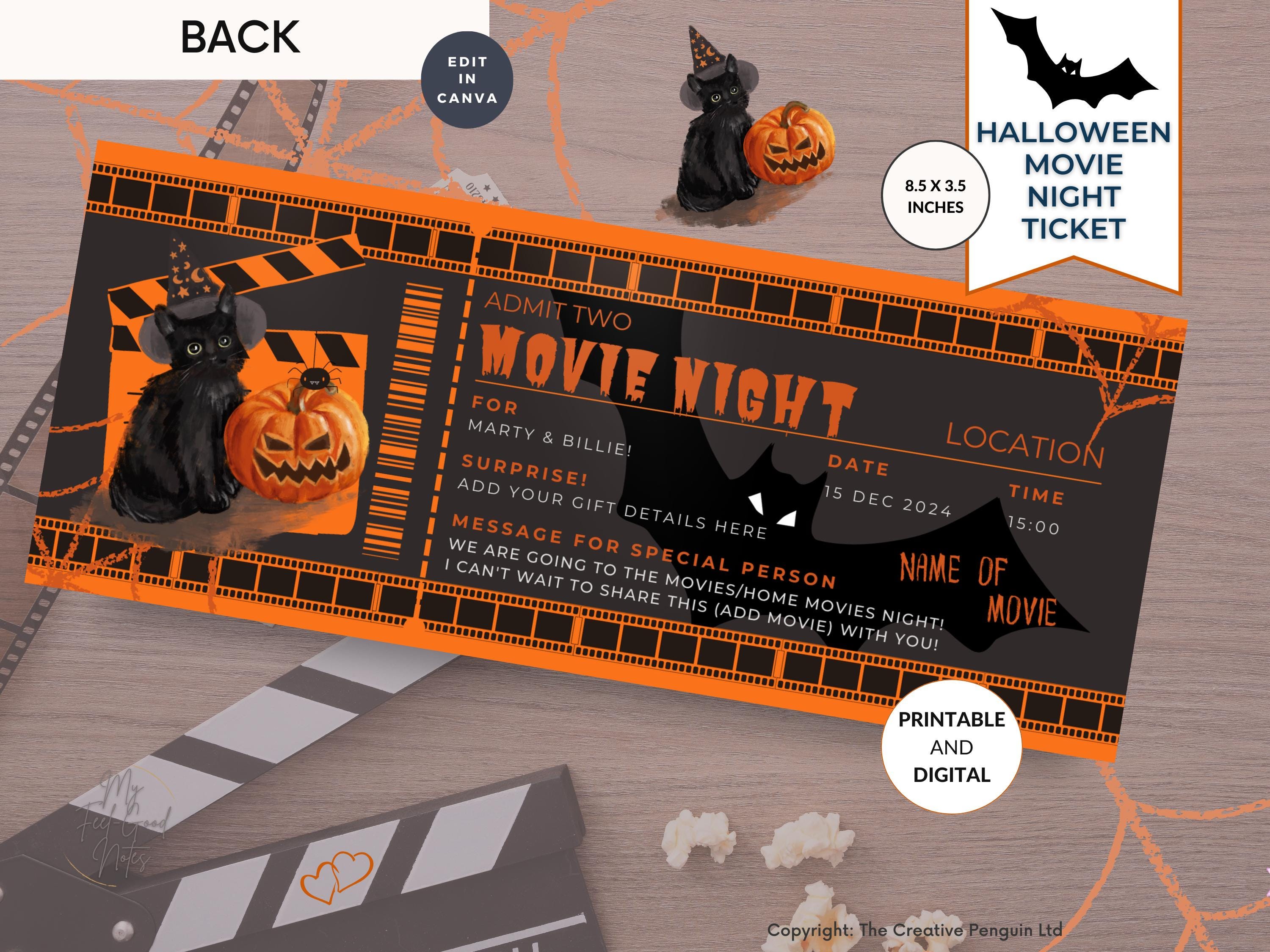 Printable Halloween Movie Night Ticket, Cat Pumpkin Invitation ...