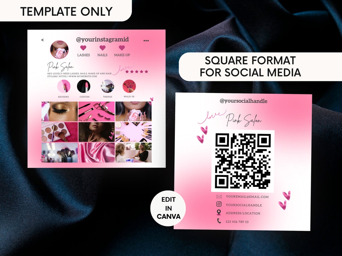 Photos QR Code Business Card Beauty Pink Canva Template - Etsy