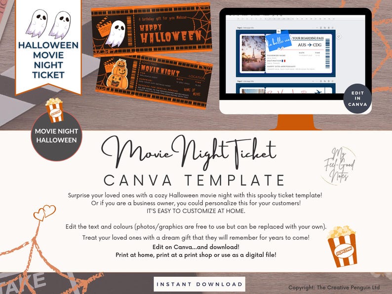 Halloween Movie Night Ticket, Printable Invitation, Editable Template ...