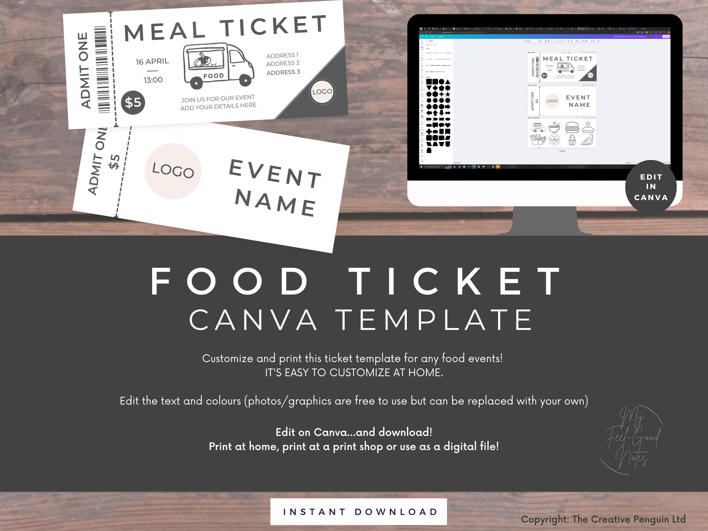 Food Truck Meal Ticket Template, Wedding Editable Event Voucher, Pizza ...