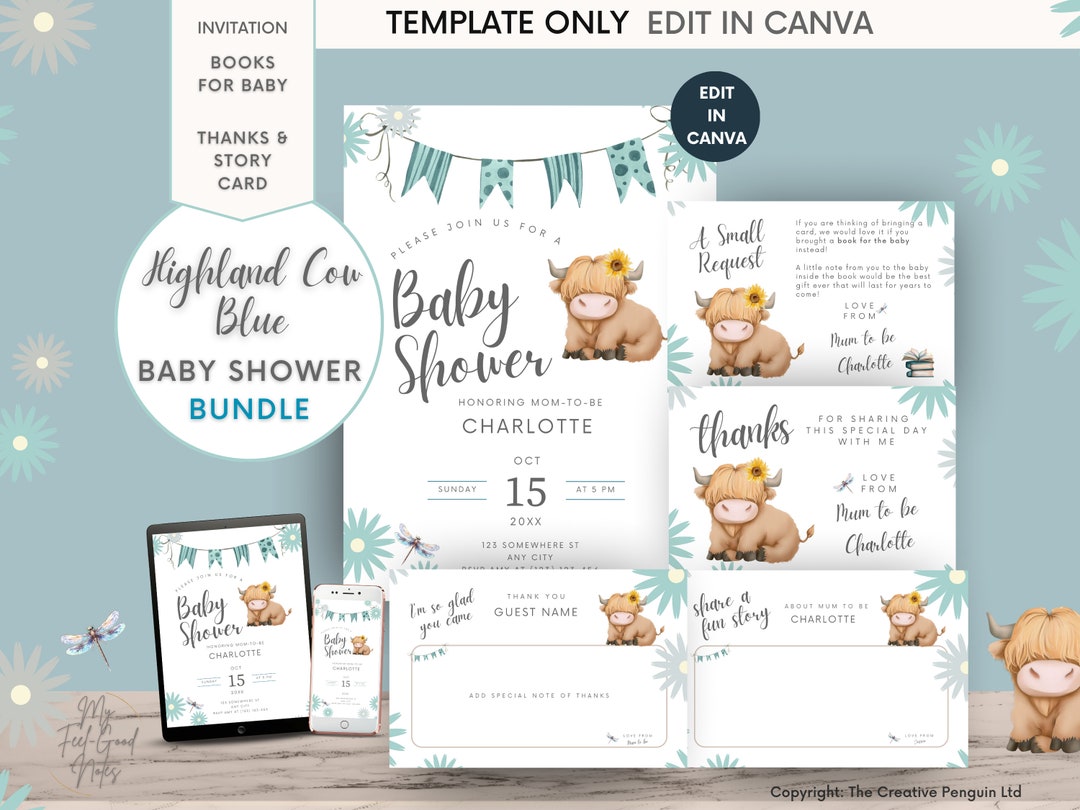 Highland Cow Baby Shower Bundle, Boho Cow Invite, Blue Highlander Cow ...
