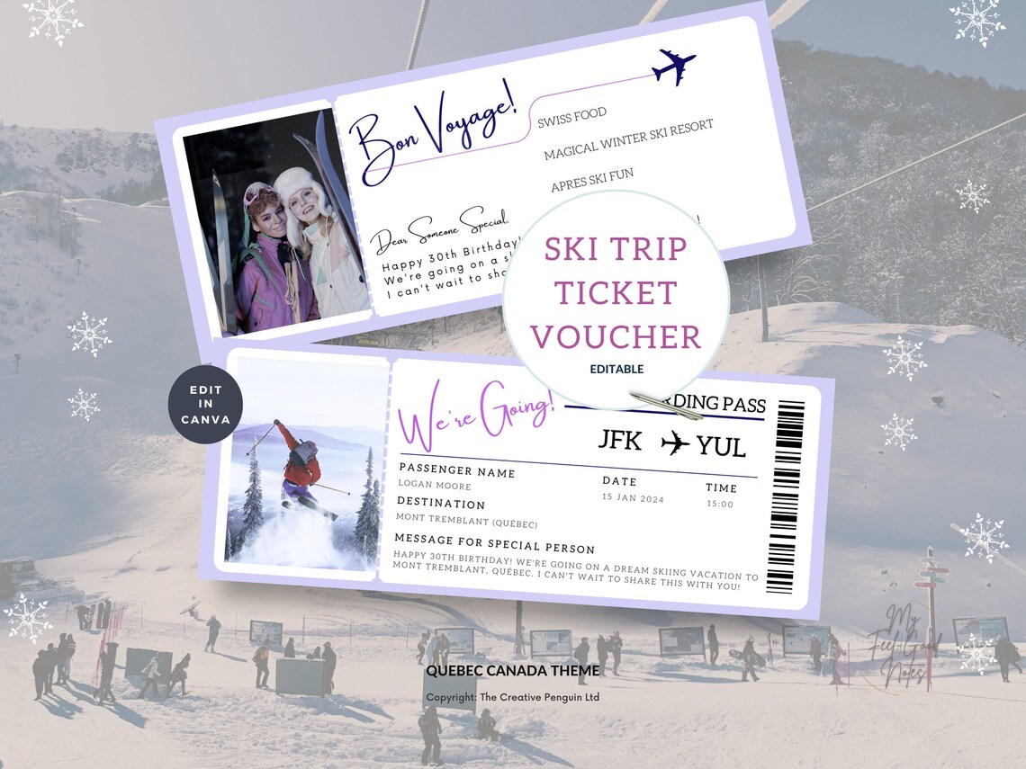 Skiing Trip Surprise Ticket, Vacation Editable Canva Template, Ski Lift ...