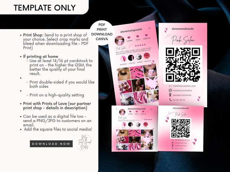 Photos QR Code Business Card Beauty Pink Canva Template - Etsy