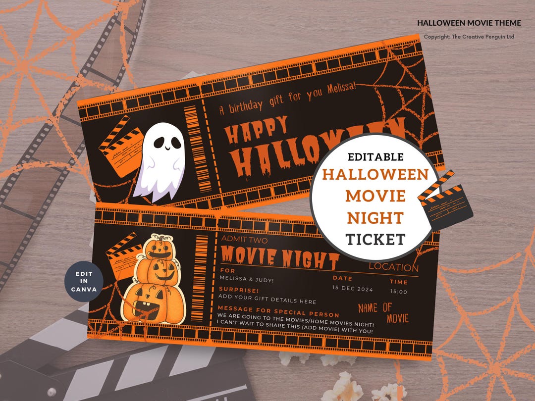 Halloween Movie Night Ticket, Printable Invitation, Editable Template ...