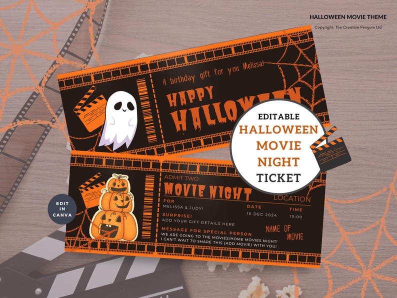 Halloween Movie Night Ticket, Printable Invitation, Editable Template ...