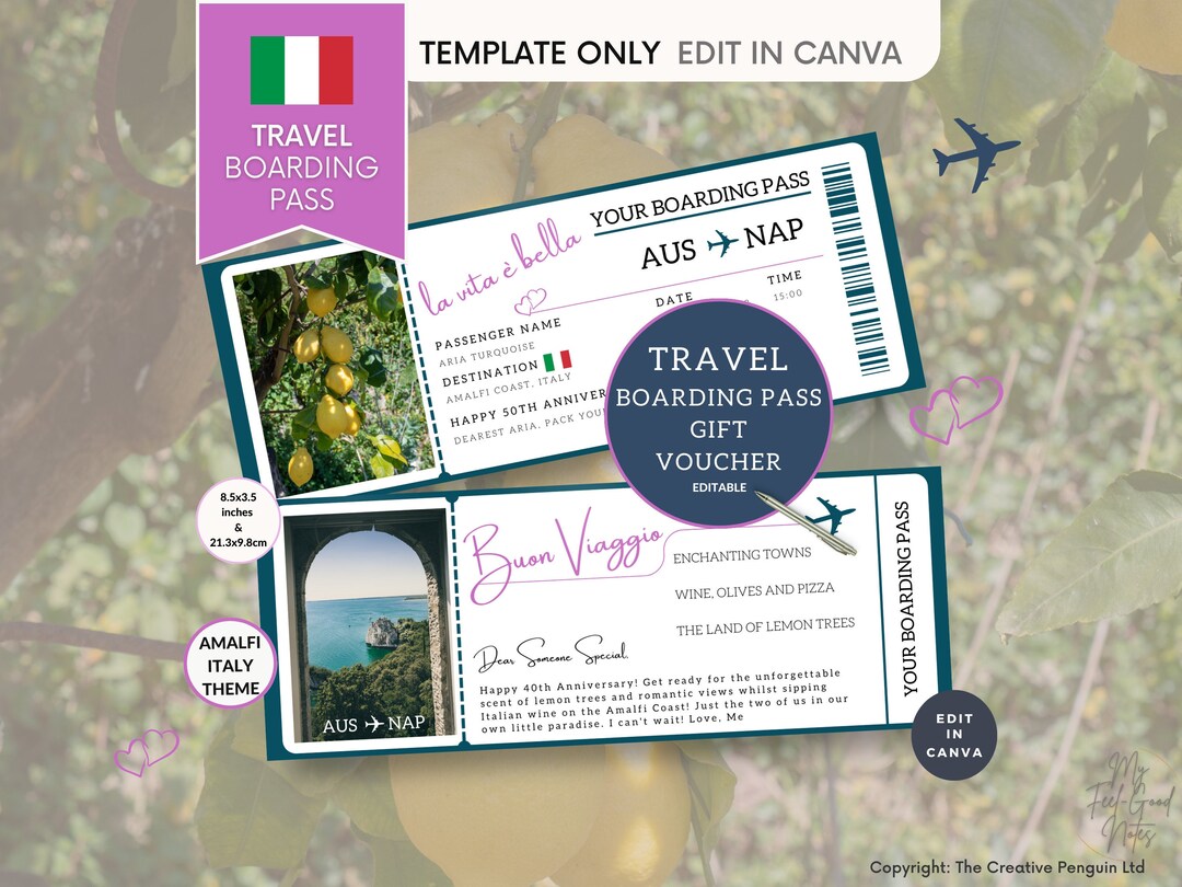 Boarding Pass Template Italy, DIY Canva Custom Airplane Ticket Surprise ...
