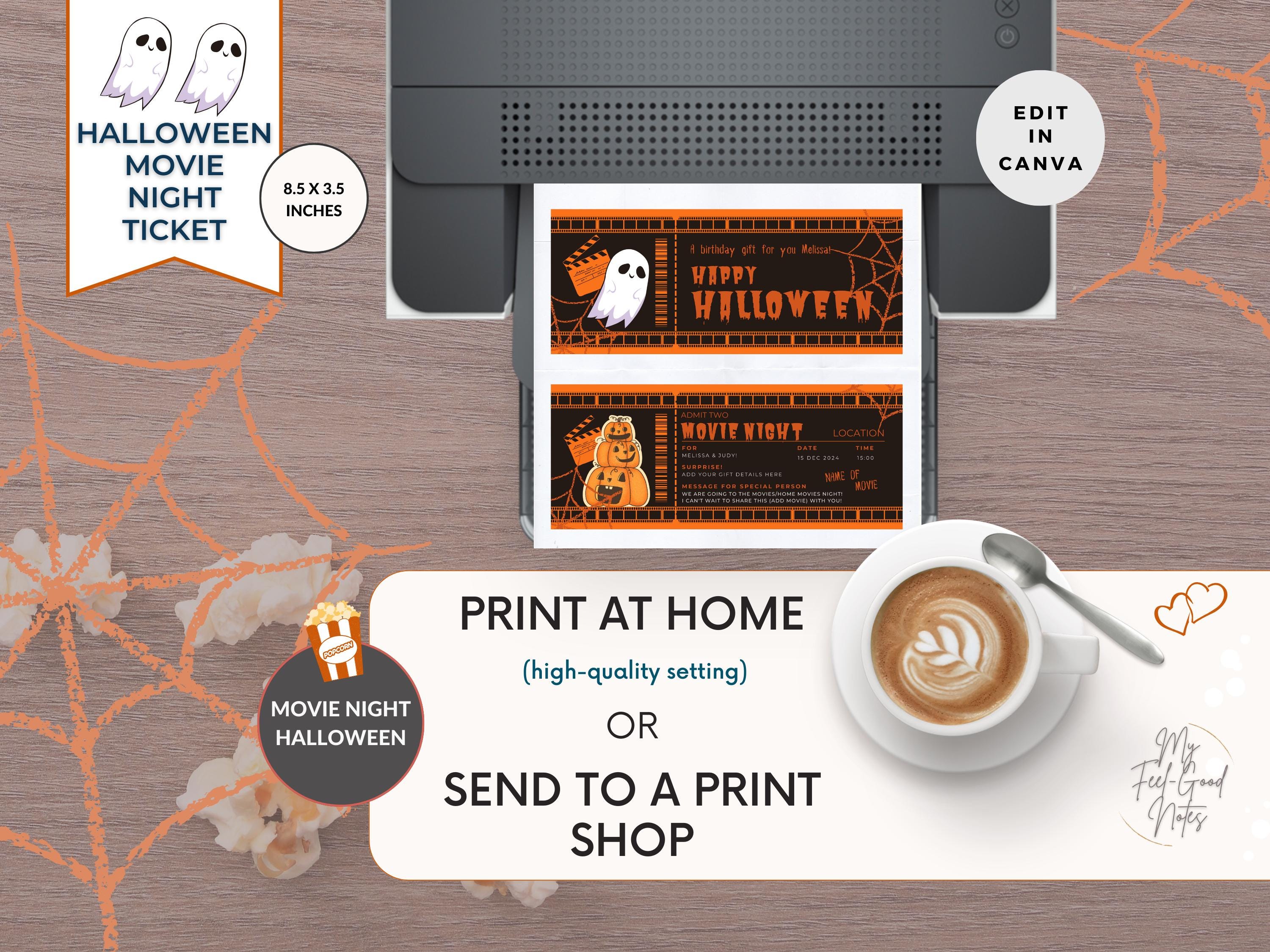 Halloween Movie Night Ticket, Printable Invitation, Editable Template ...