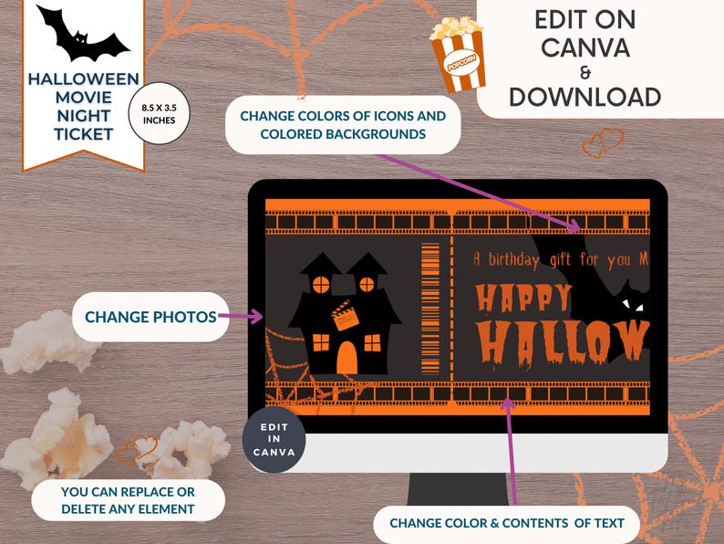 Printable Halloween Movie Night Ticket, Cat Pumpkin Invitation ...