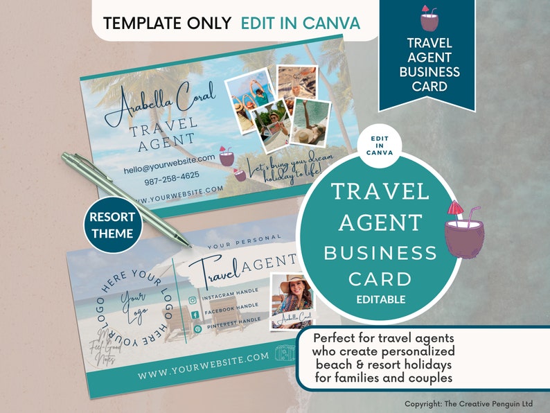 Travel Agency Business Cards Template, Travel Advisor Agent, Canva ...