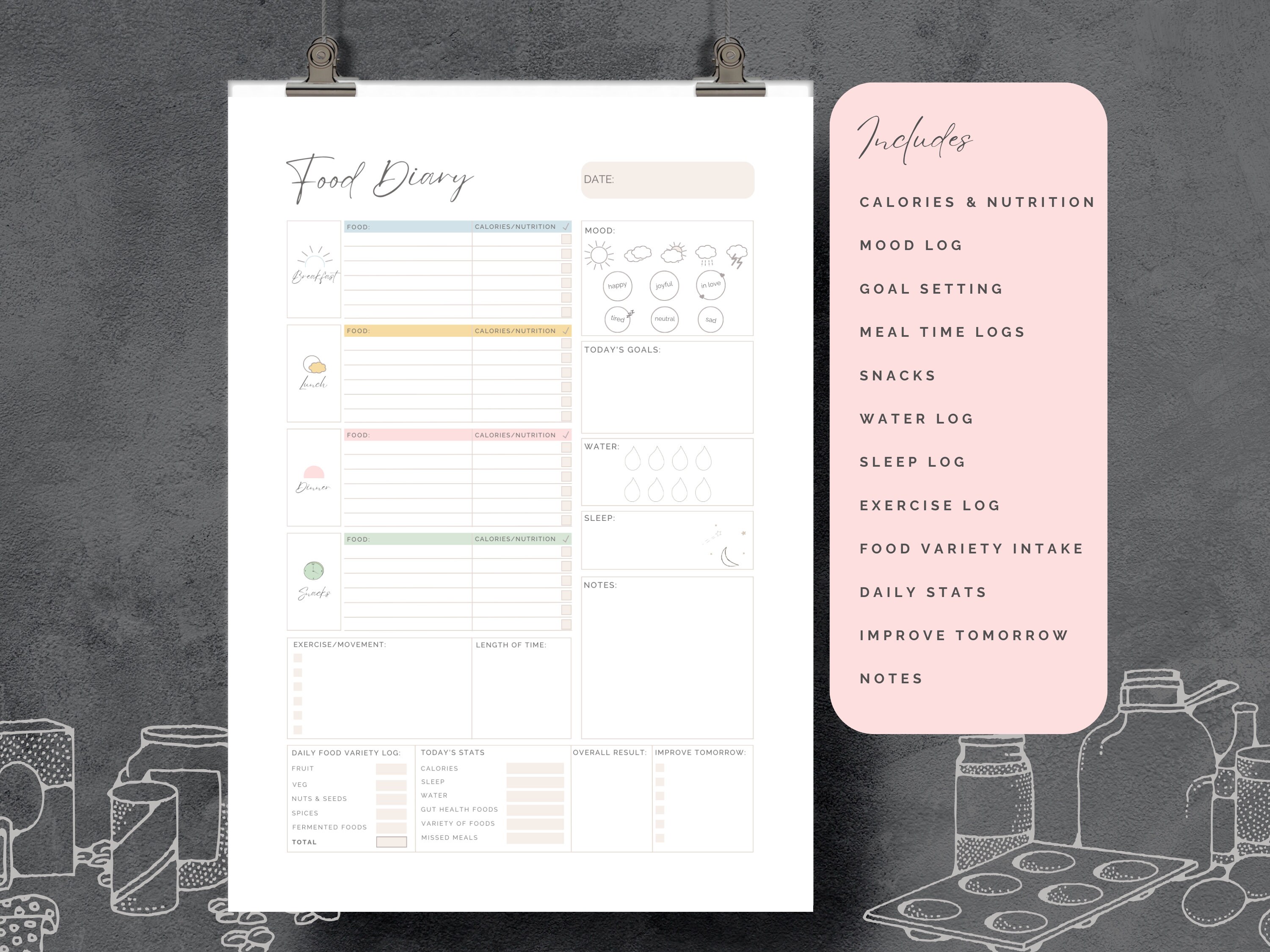 Daily Food Journal Printable, Meal Planner, Food Diary, Undated Health ...