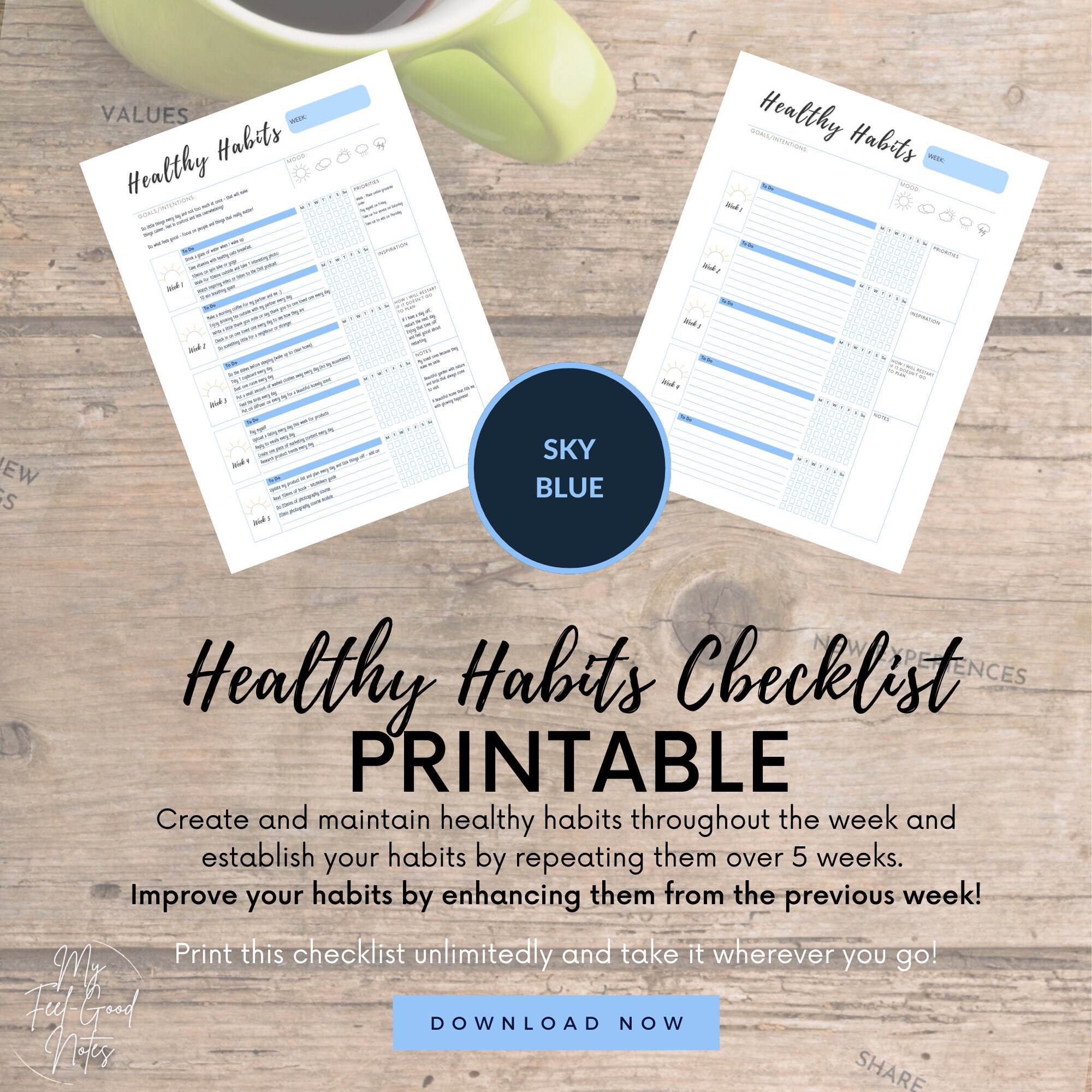 Healthy Habits Tracker Printable | Daily Checklist Blue Sky Planner ...
