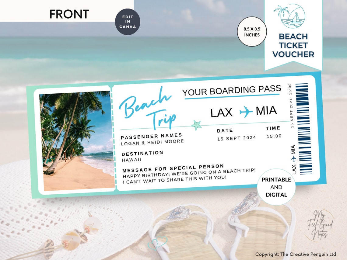 Beach Trip Ticket, Printable Boarding Pass, Surprise Vacation, Tropical ...