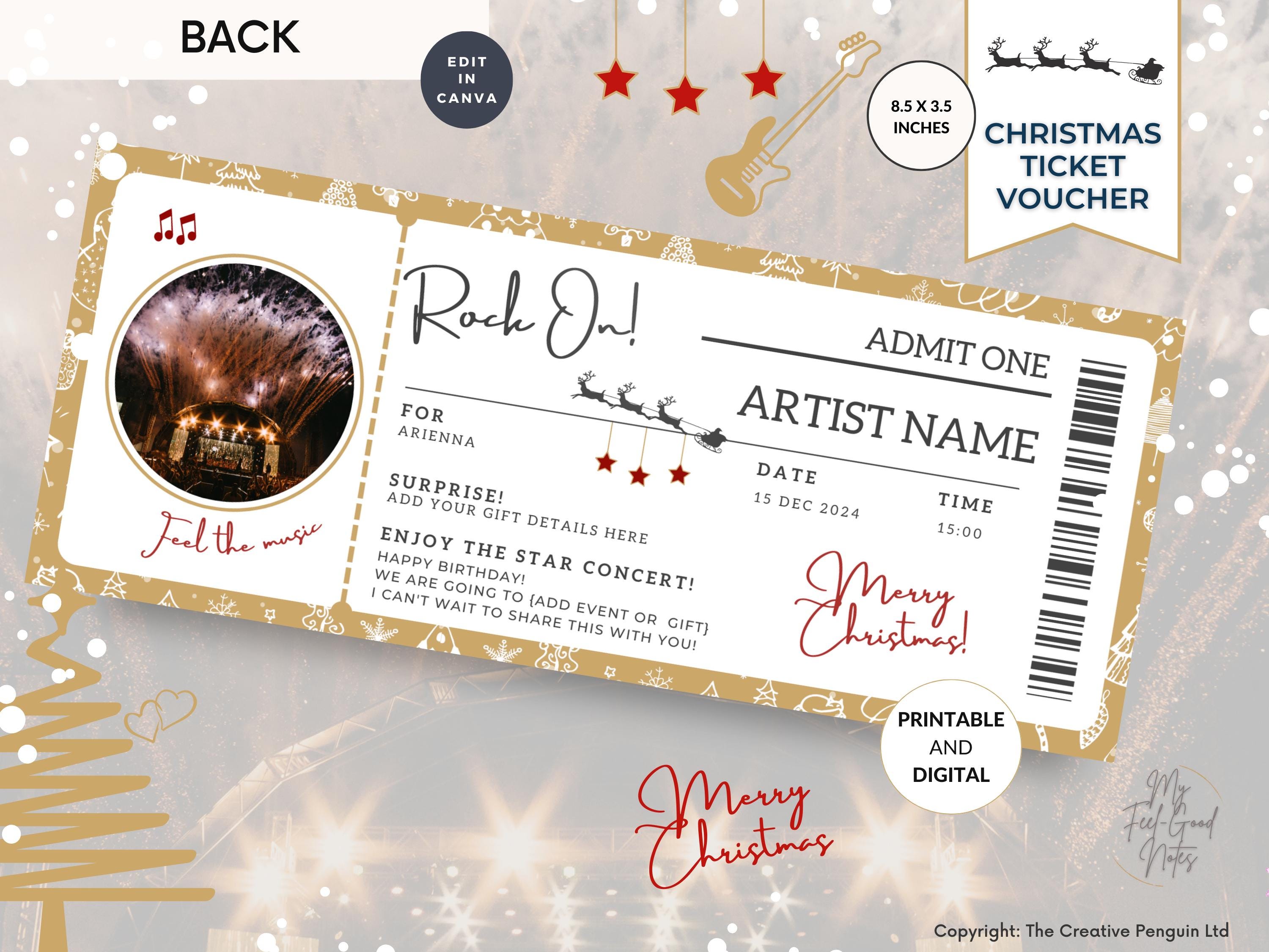 Concert Ticket Gift, Printable Editable, Christmas Canva Template ...