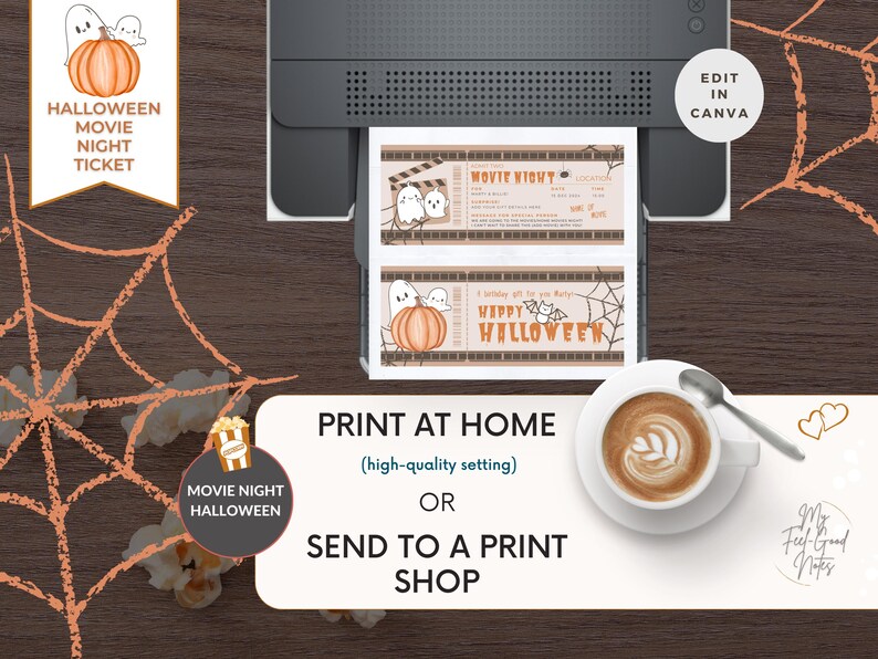 Halloween Movie Night Ticket, Printable Invitation, Neutral, Editable ...