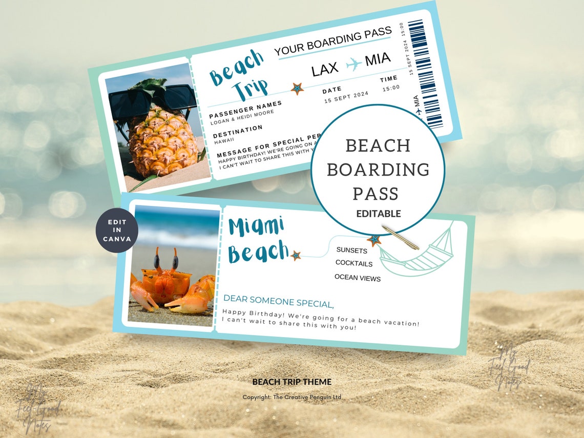 Beach Trip Ticket, Beach Vacation Boarding Pass, Travel PDF Printable ...