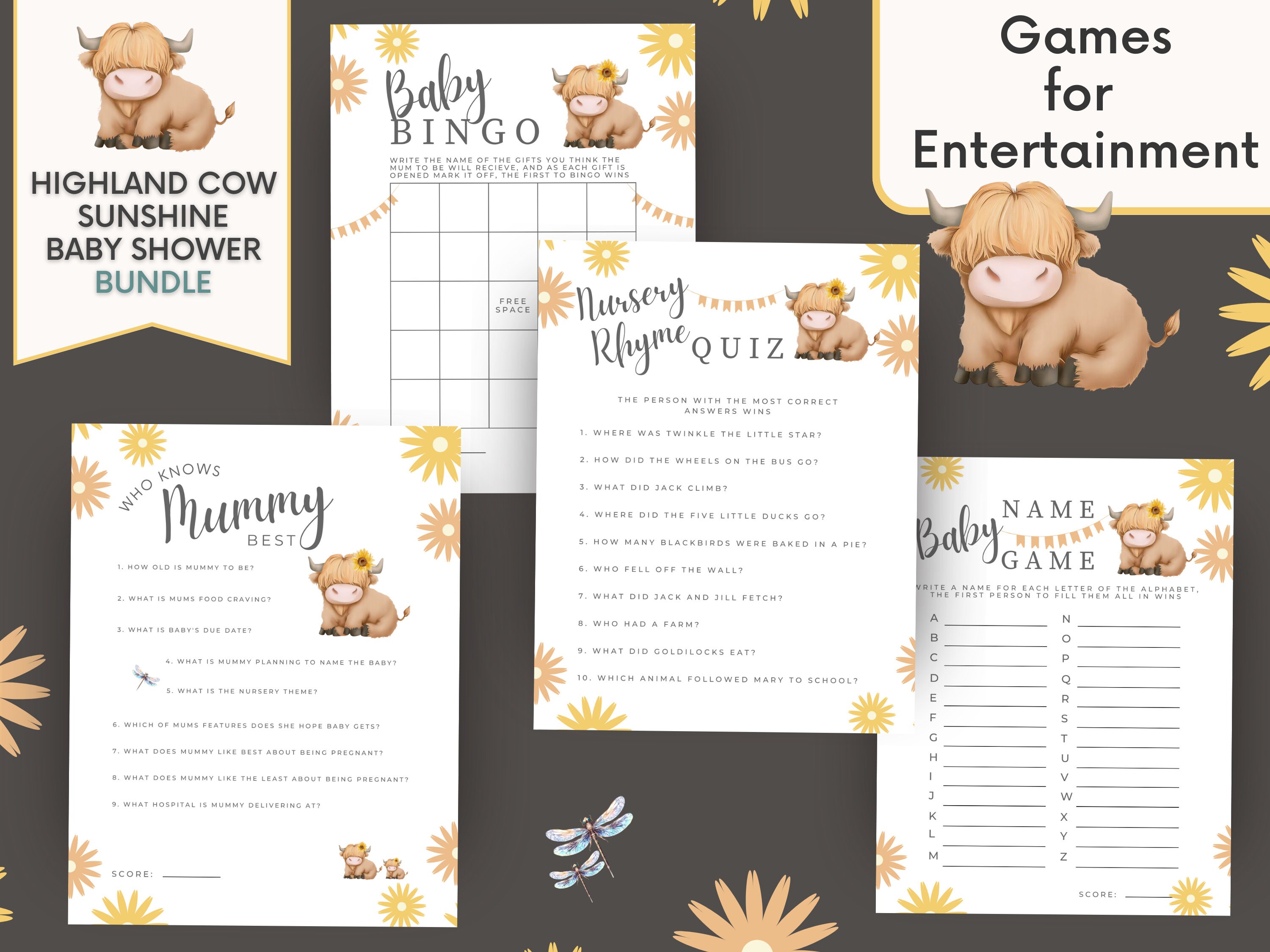 Sunshine Baby Shower Invite Bundle, Highland Cow Yellow Games, Holy Cow ...