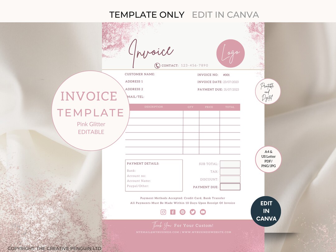 Business Service Invoice Template, Pink, Digital Canva Editable ...