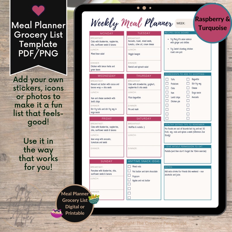 Meal Planner Grocery List Goodnotes Meal Prep Template | Printable Pink ...