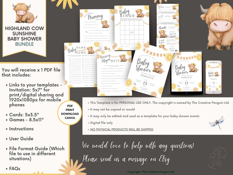 Sunshine Baby Shower Invite Bundle, Highland Cow Yellow Games, Holy Cow ...