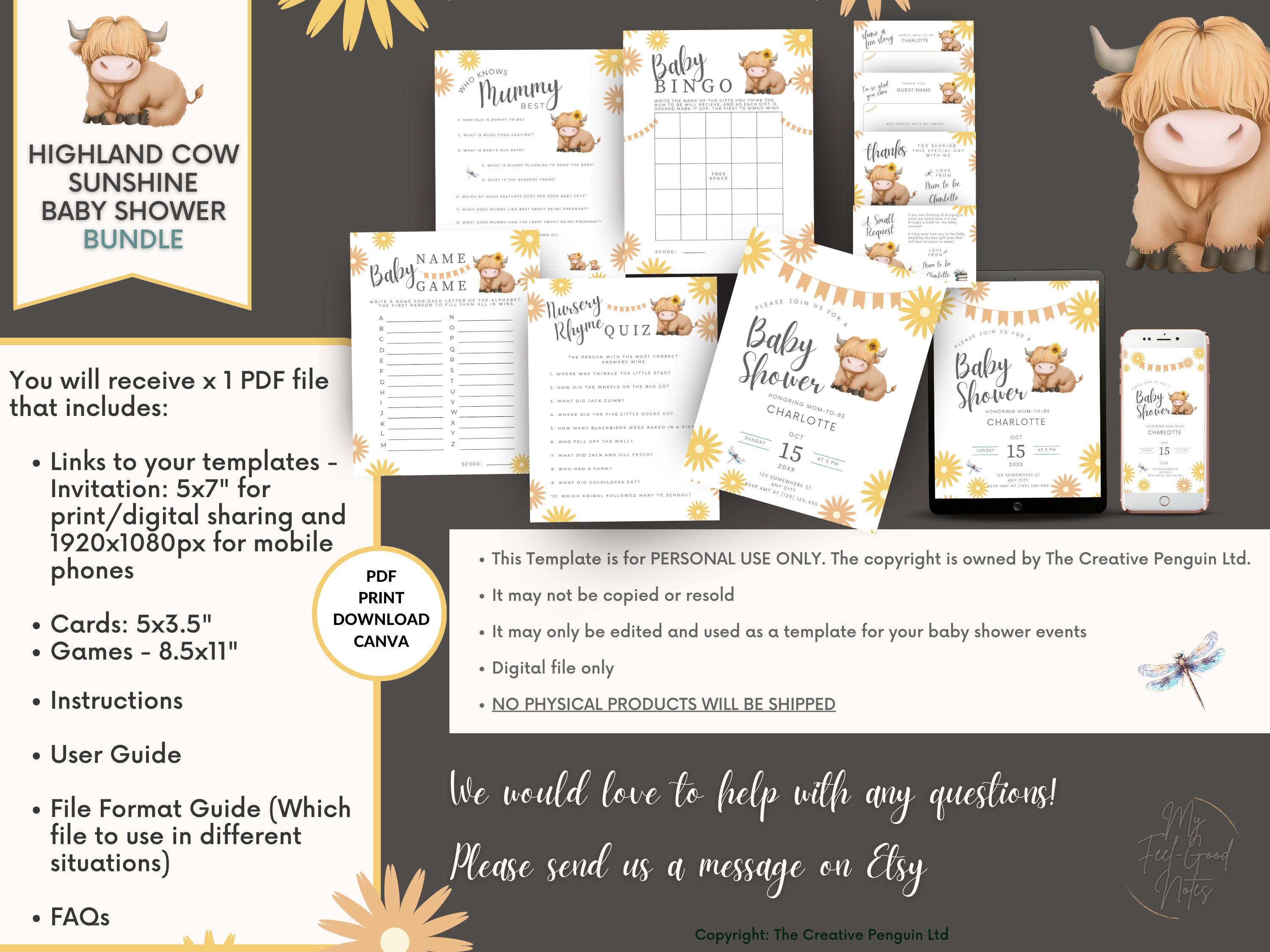 Sunshine Baby Shower Invite Bundle, Highland Cow Yellow Games, Holy Cow ...