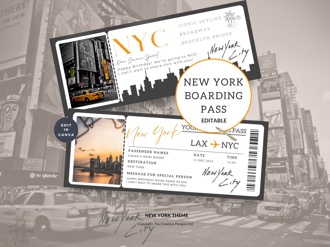 NYC Trip Ticket, New York Boarding Pass, Travel PDF Printable ...