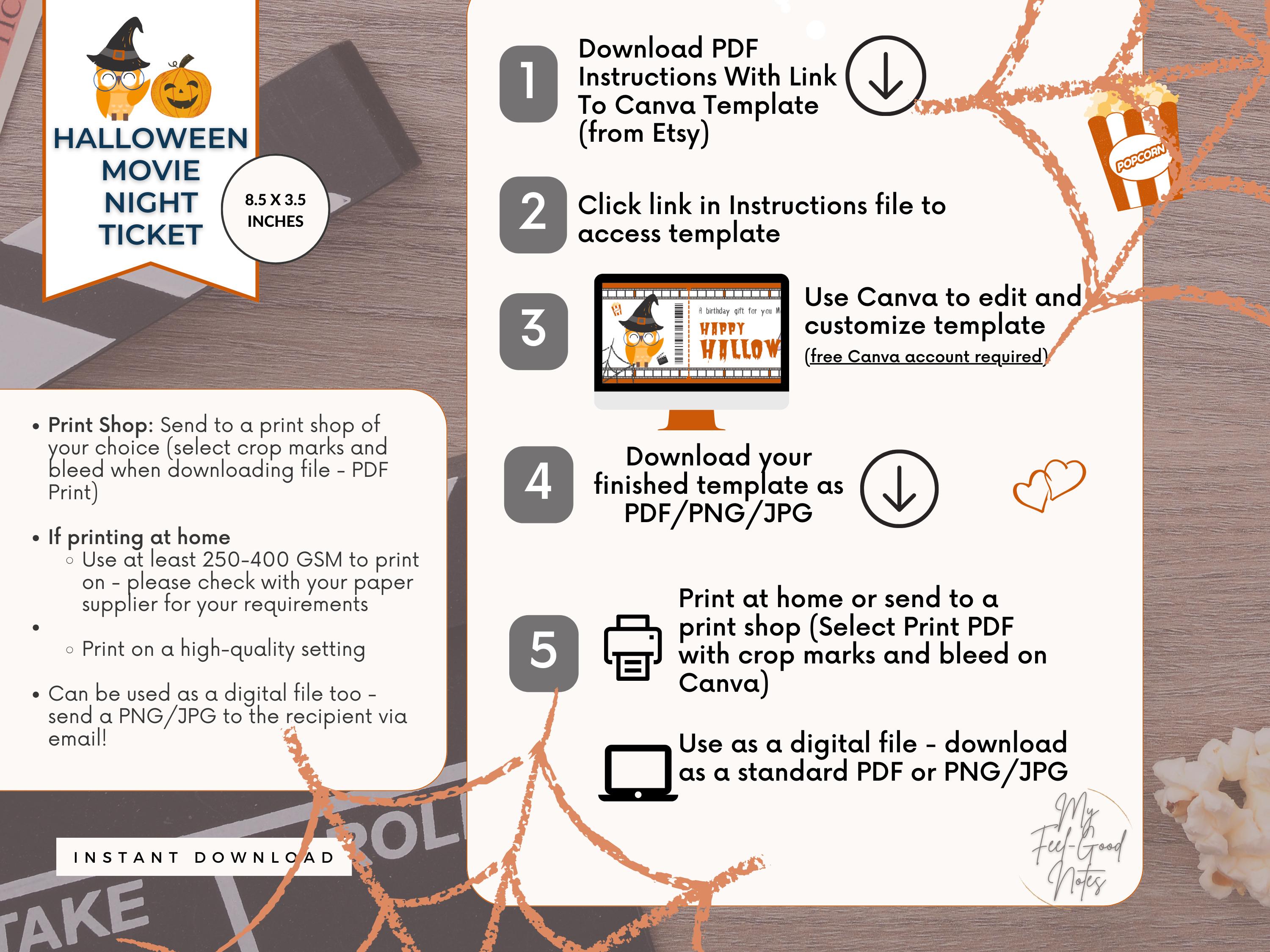 Halloween Movie Night Ticket, Printable Invitation, Editable Template ...