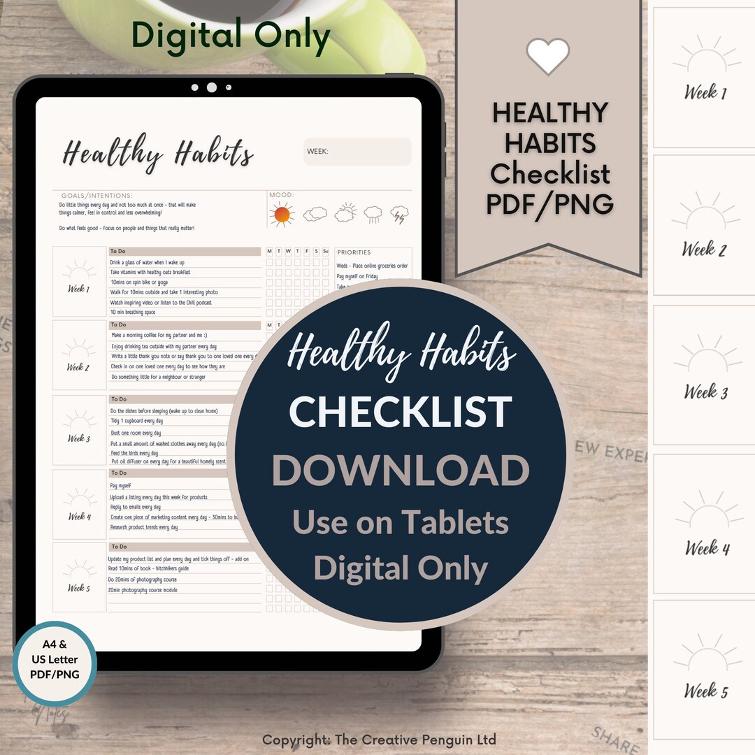 Healthy Habits Checklist Daily Goodnotes Neutral | Daily Routine ...