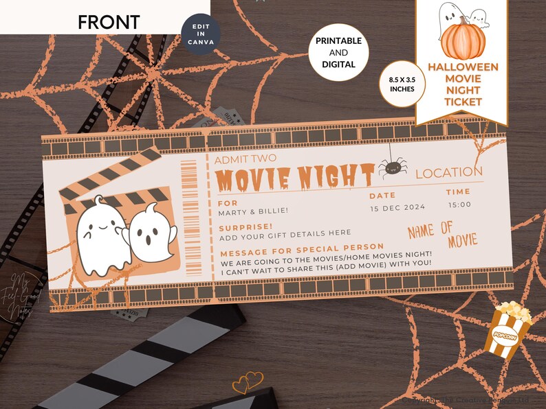 Halloween Movie Night Ticket, Neutral Printable Invitation, Editable ...