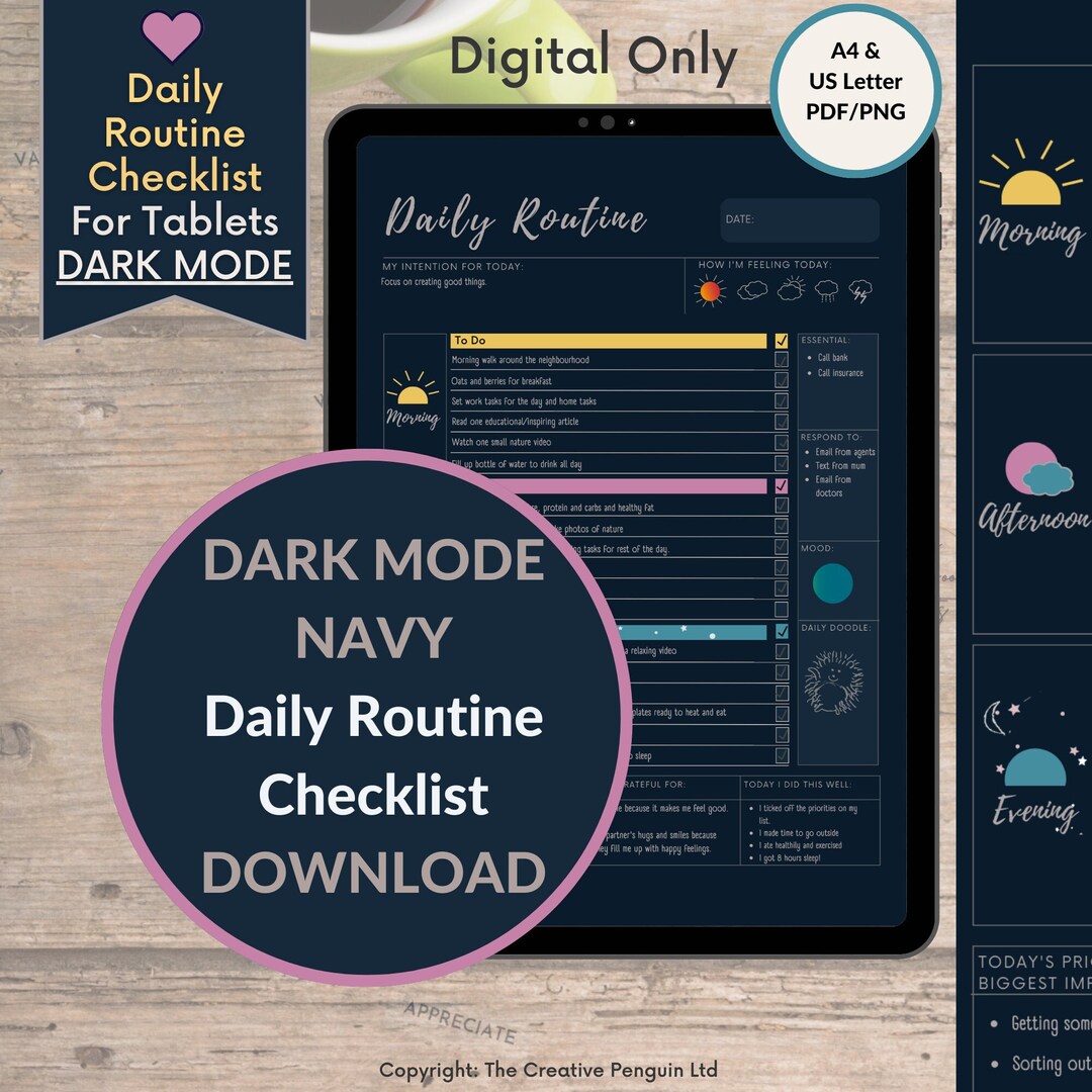 Goodnotes Planner Dark Mode Blue Templates | Daily Routine Checklist ...