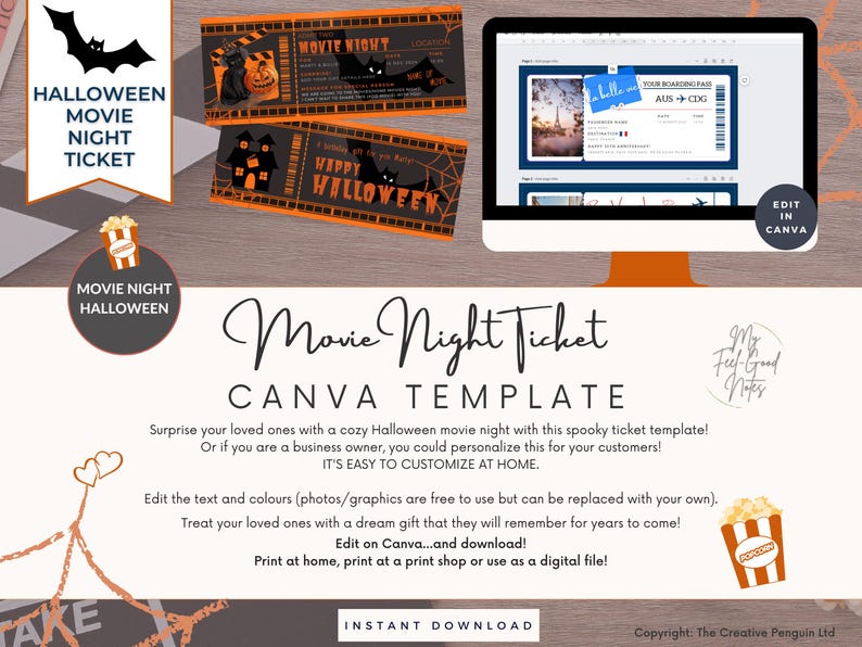 Printable Halloween Movie Night Ticket, Cat Pumpkin Invitation ...