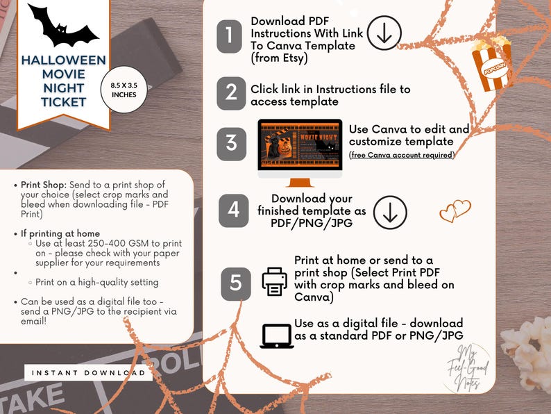 Printable Halloween Movie Night Ticket, Cat Pumpkin Invitation ...