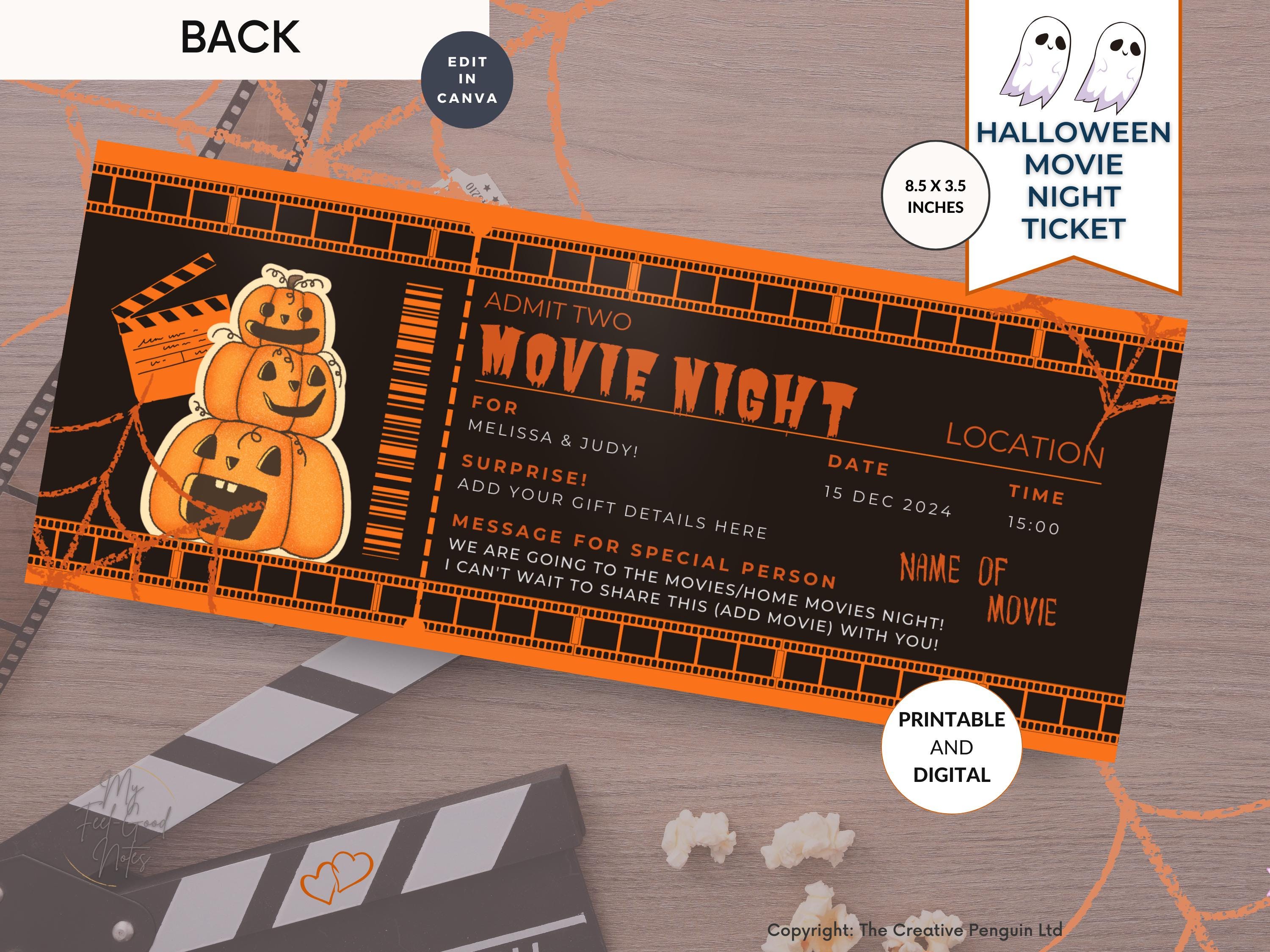 Halloween Movie Night Ticket, Printable Invitation, Editable Template ...