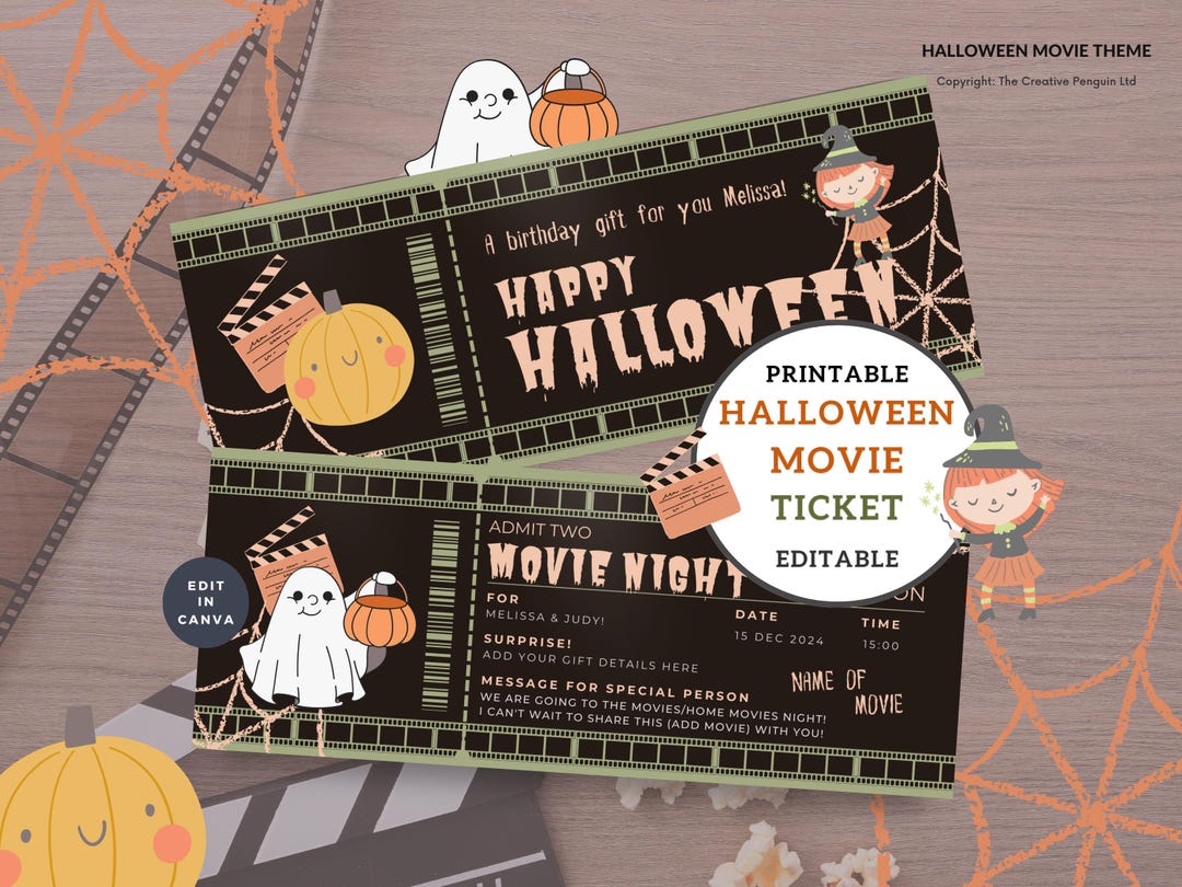 Halloween Movie Night Ticket Invite, Printable Editable Template ...