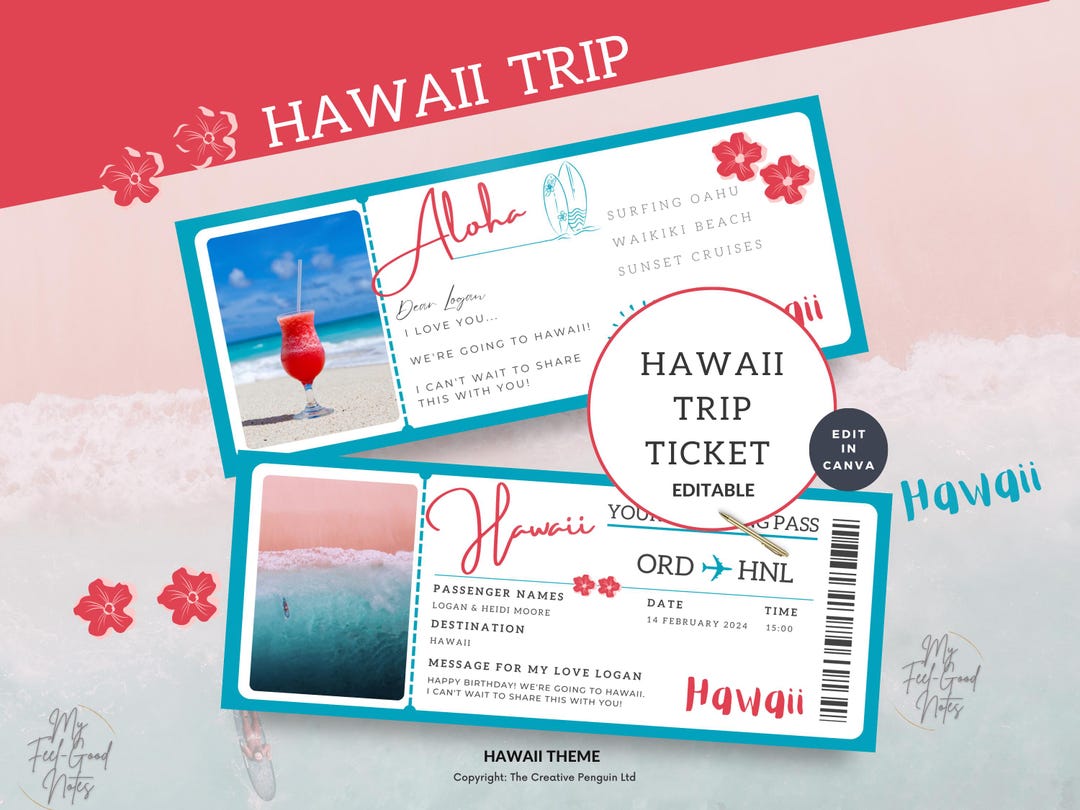 Boarding Pass Template Hawaii, Surprise Trip Plane Ticket, Editable ...