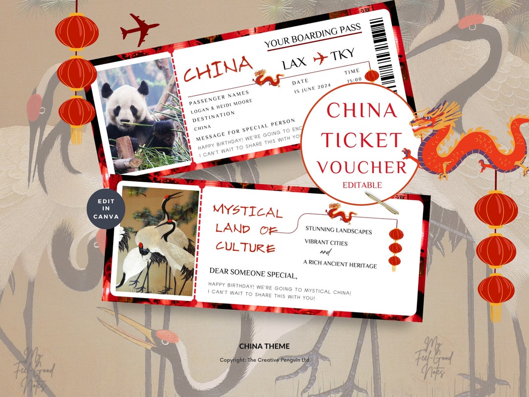 Boarding Pass to China, Chinese Travel Ticket PDF Printable, Vacation ...