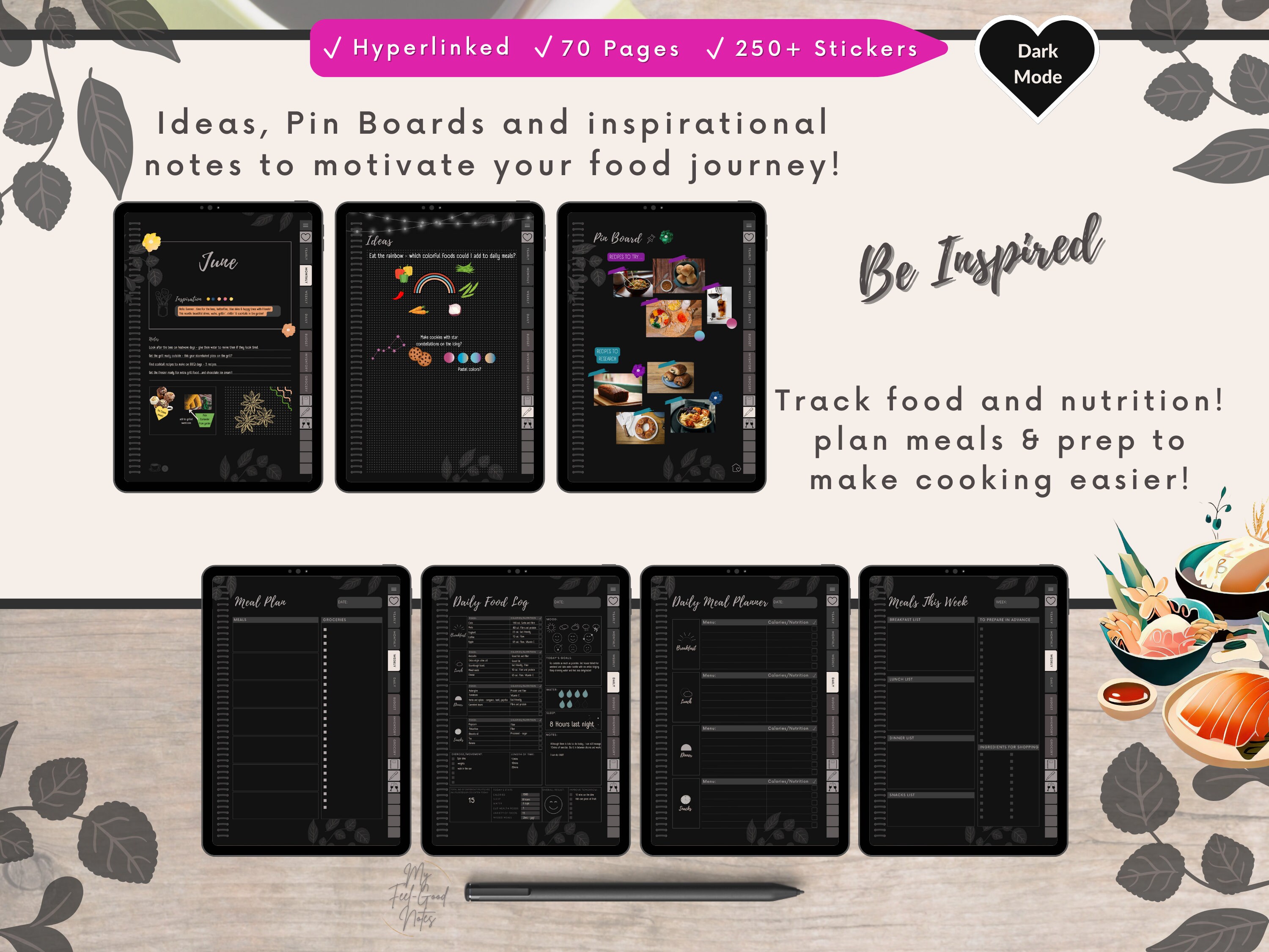 Dark Mode Digital Meal Planner | Recipe Book + Stickers | iPad ...