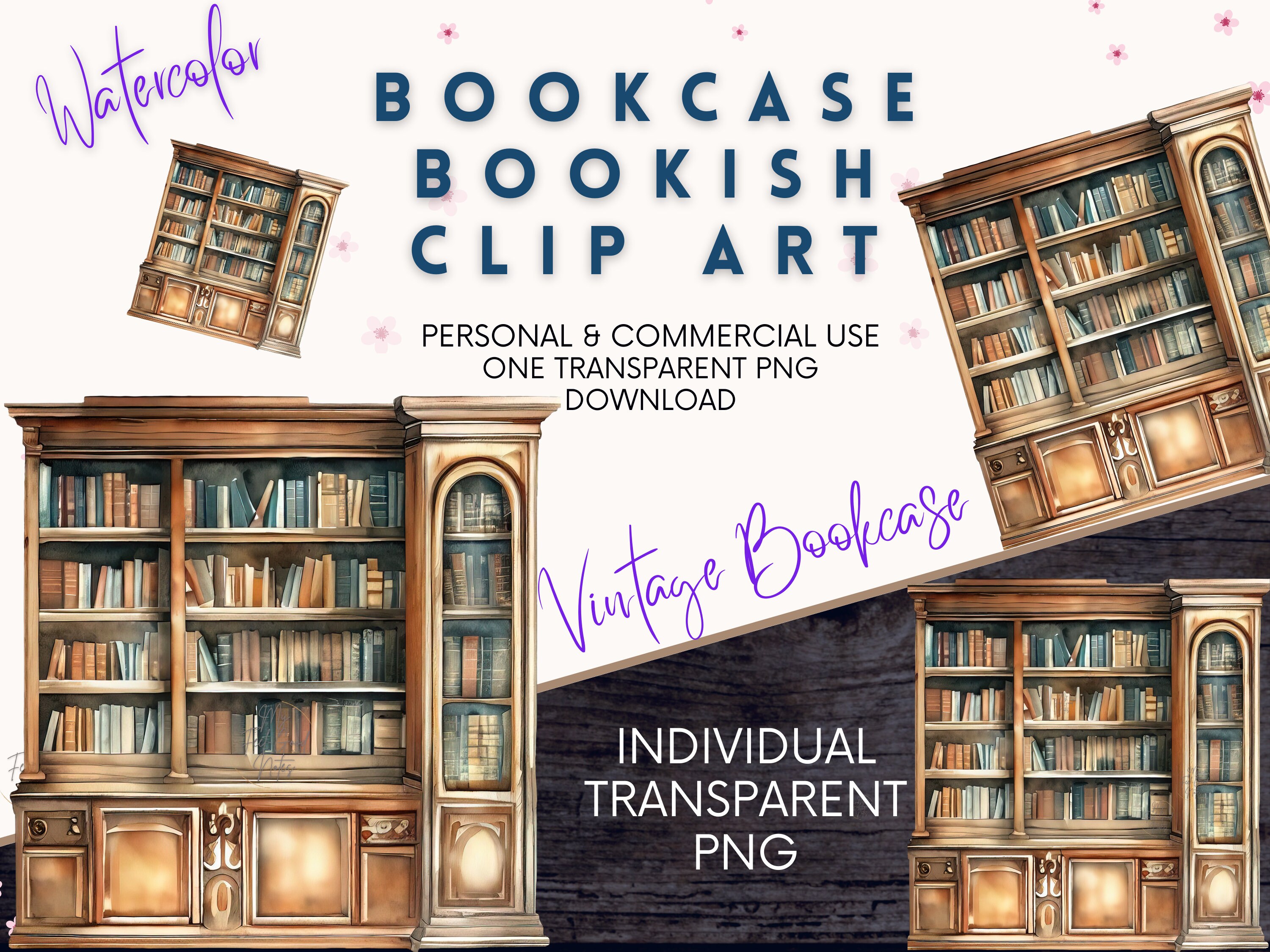 Bookish Clipart, Bookcase Bookshelf Watercolor PNG for Books Lover ...