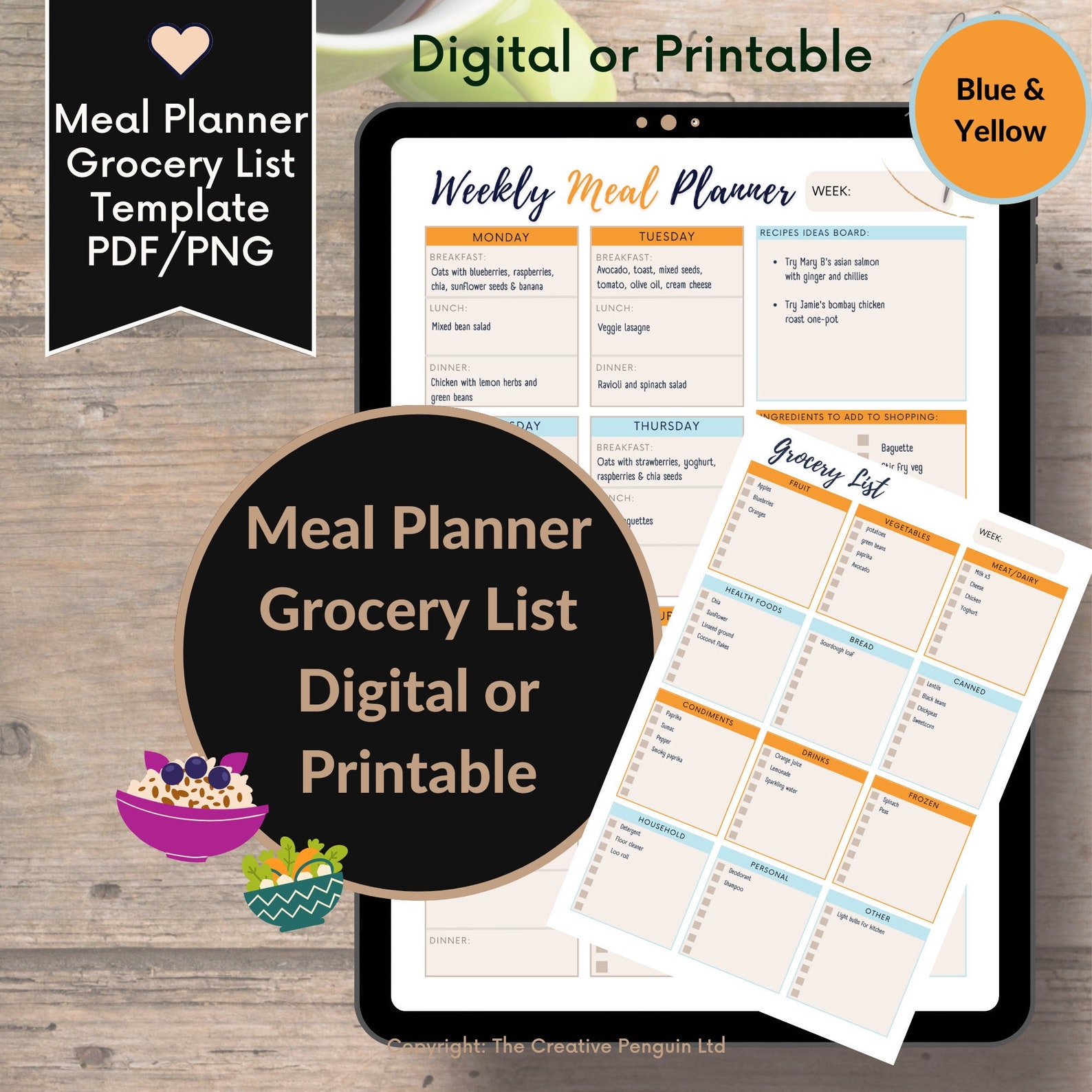 Meal Prep Planner Goodnotes Template Yellow | Meal Planner Printable ...
