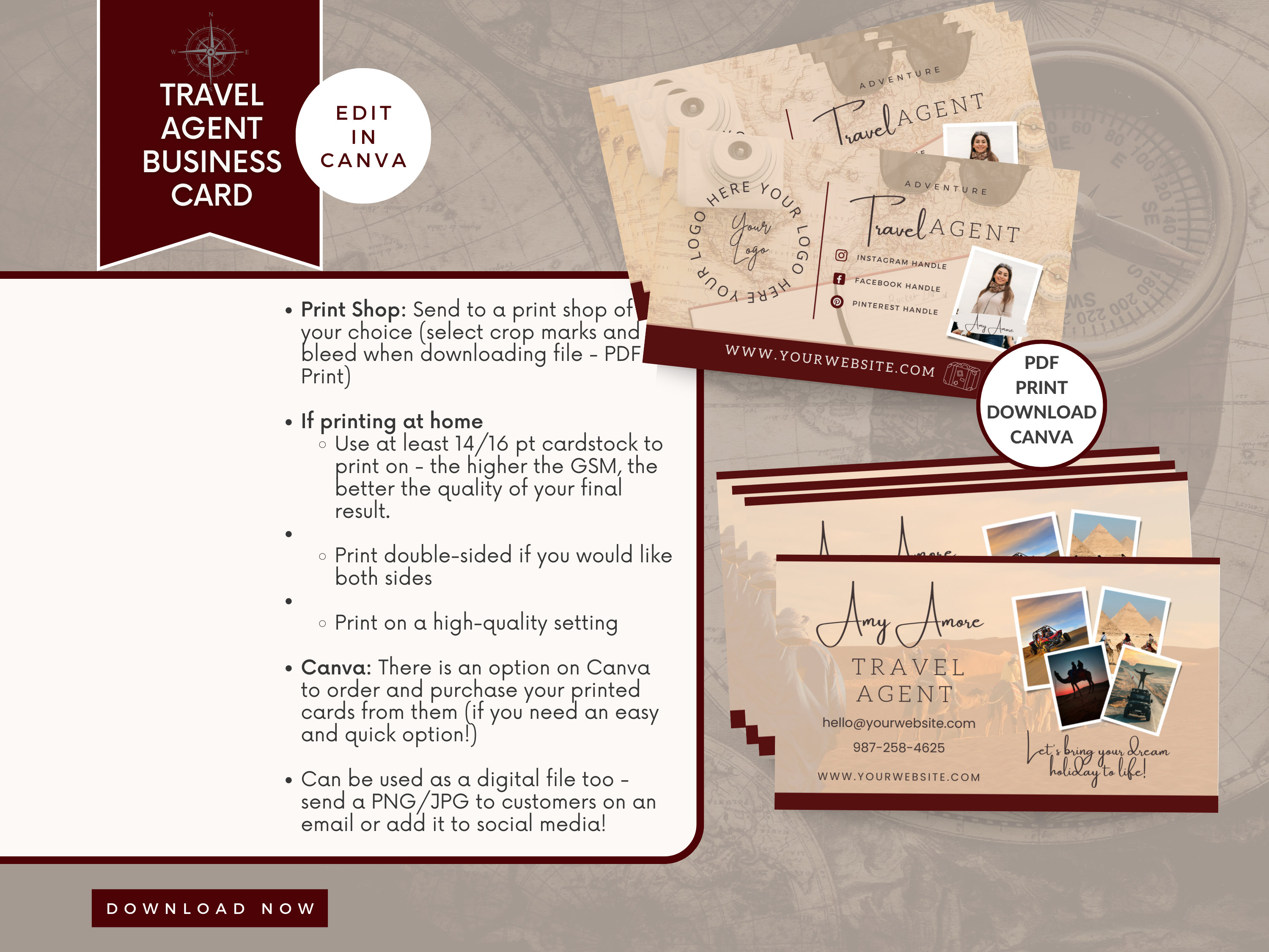 Travel Agent Business Cards Template, Travel Advisor Agency, Canva ...