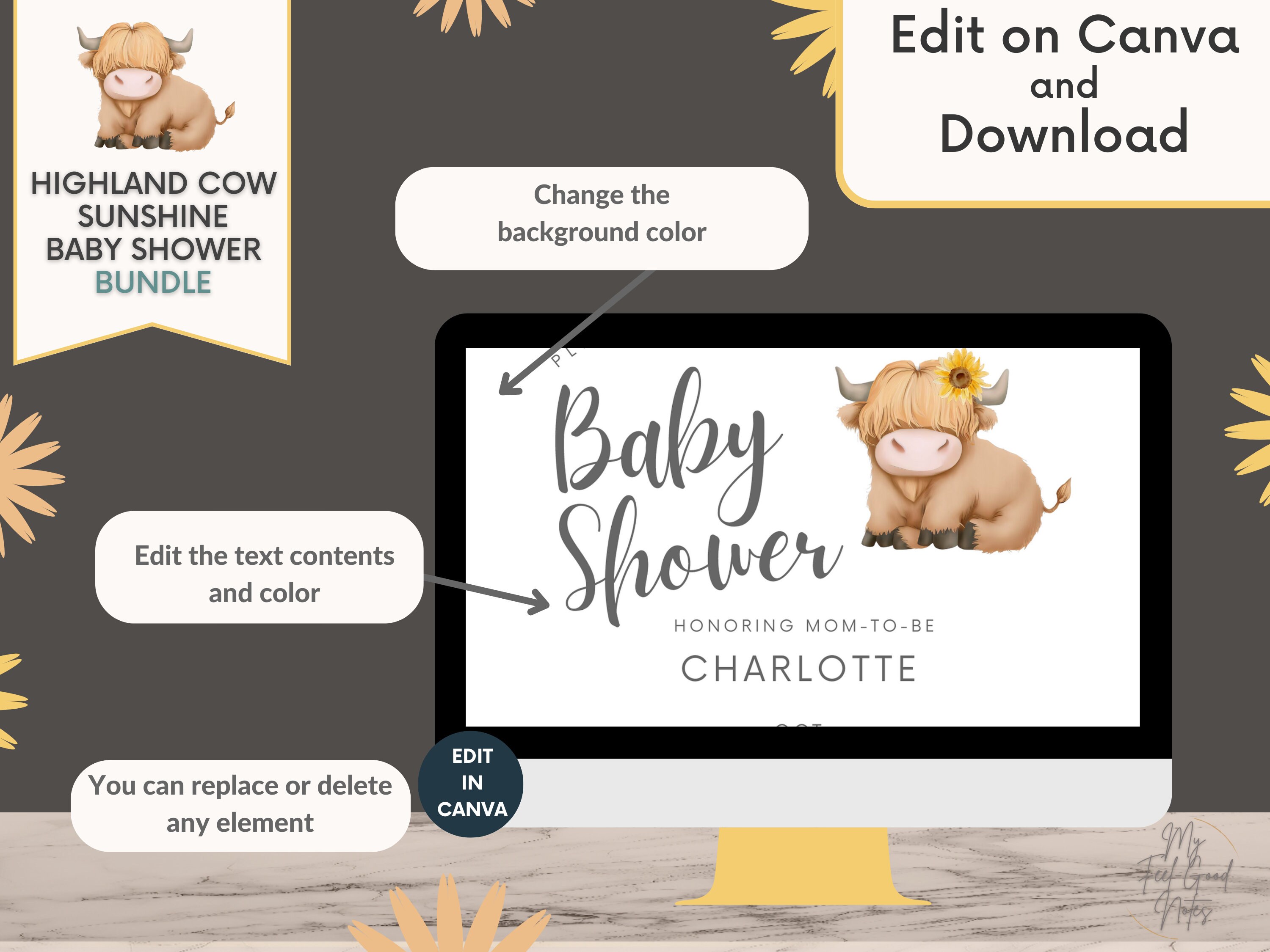 Sunshine Baby Shower Invite Bundle, Highland Cow Yellow Games, Holy Cow ...