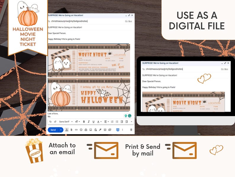 Halloween Movie Night Ticket, Printable Invitation, Neutral, Editable ...