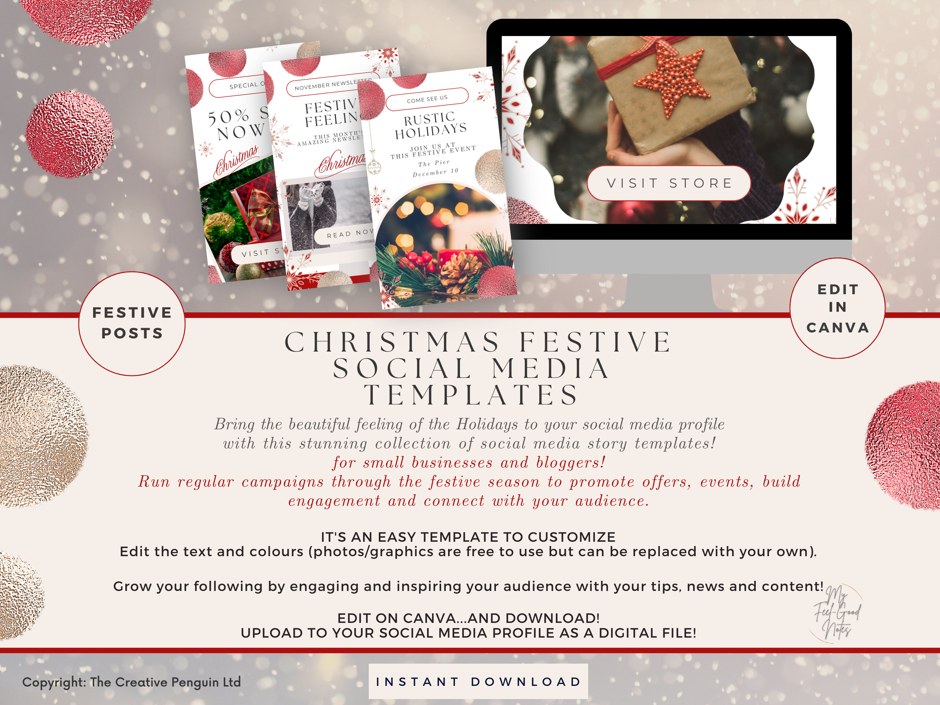 Christmas Social Media Posts for Business, Holiday Stories Editable ...