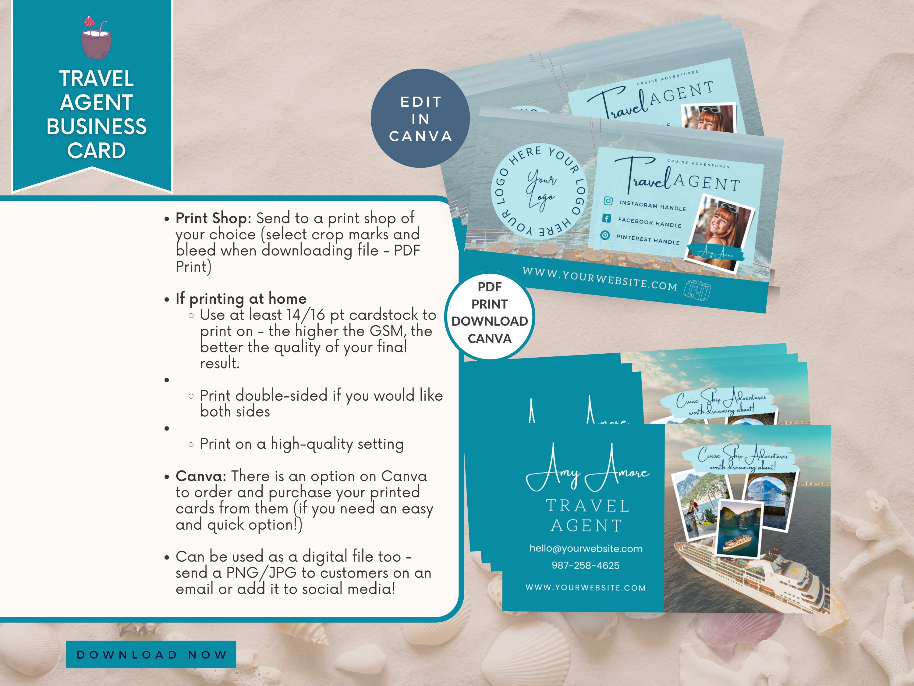 Travel Agency Business Cards Template, Travel Advisor Agent, Editable ...