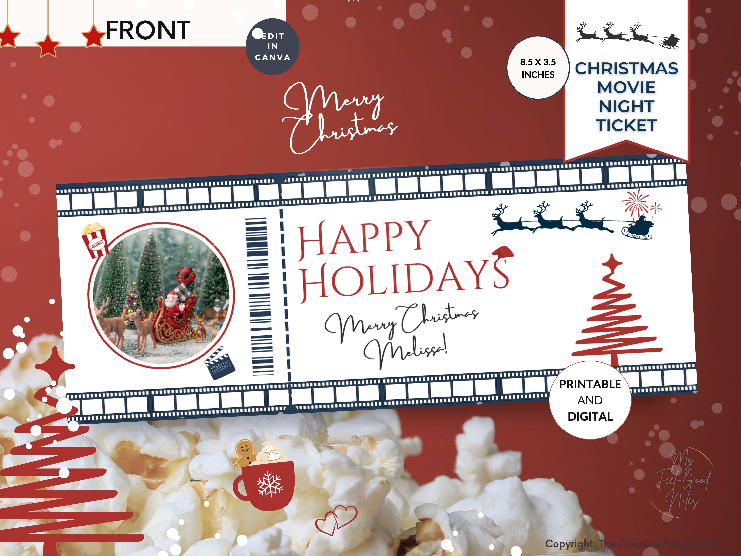 Movie Night Ticket Gift Template, Christmas Holidays, Canva Editable ...