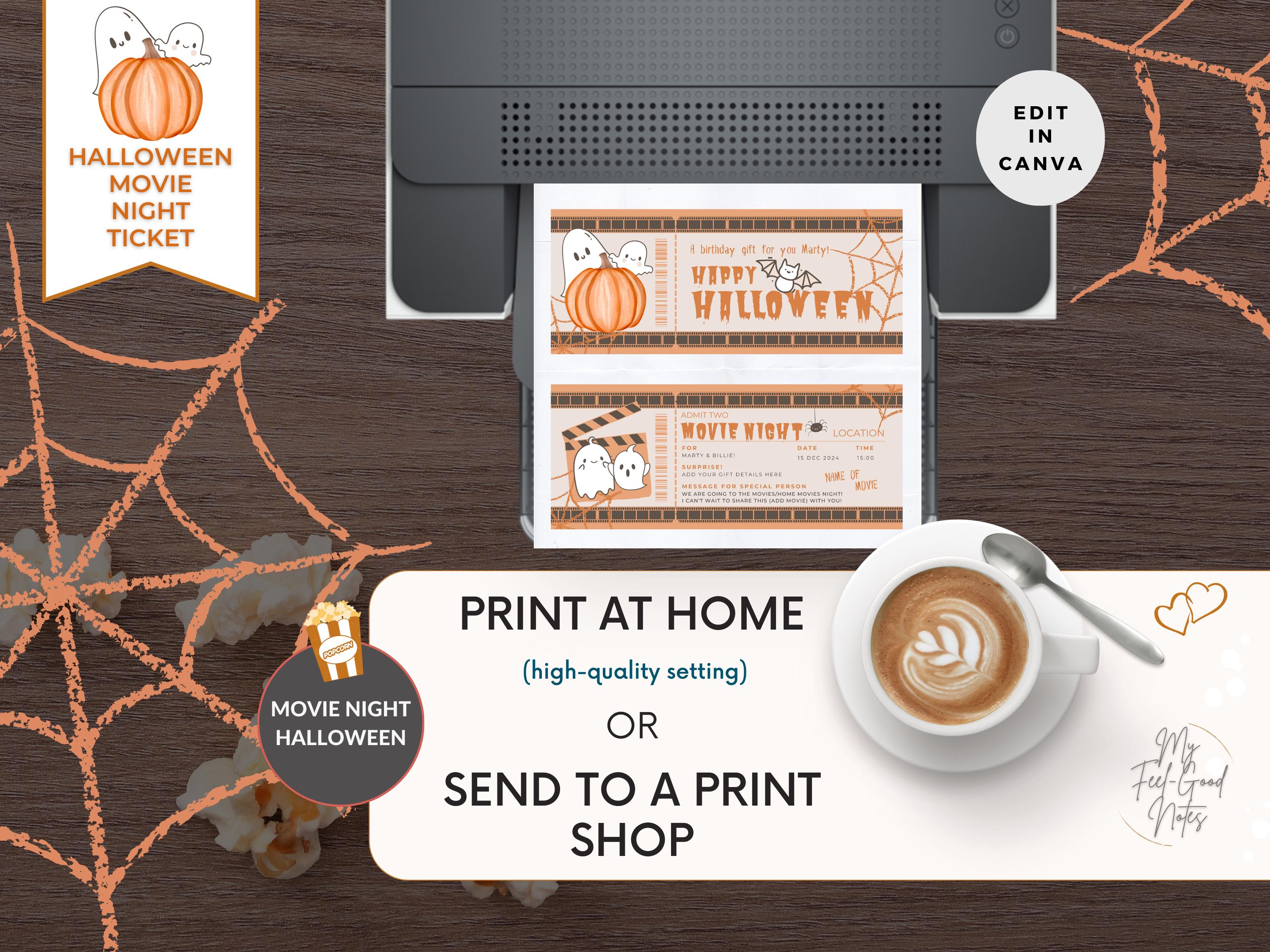Halloween Movie Night Ticket, Neutral Printable Invitation, Editable ...