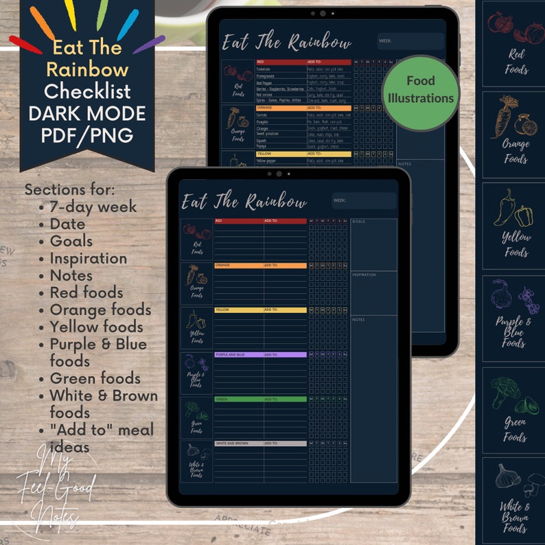 Eat the Rainbow Checklist Goodnotes Dark Mode Navy Blue Healthy Food ...